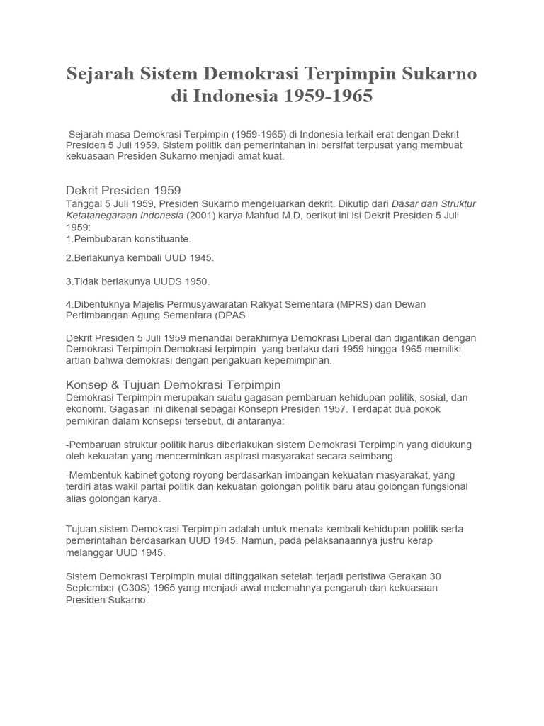 Sejarah Sistem Demokrasi Terpimpin Sukarno Di Indonesia 1959 Pdf 