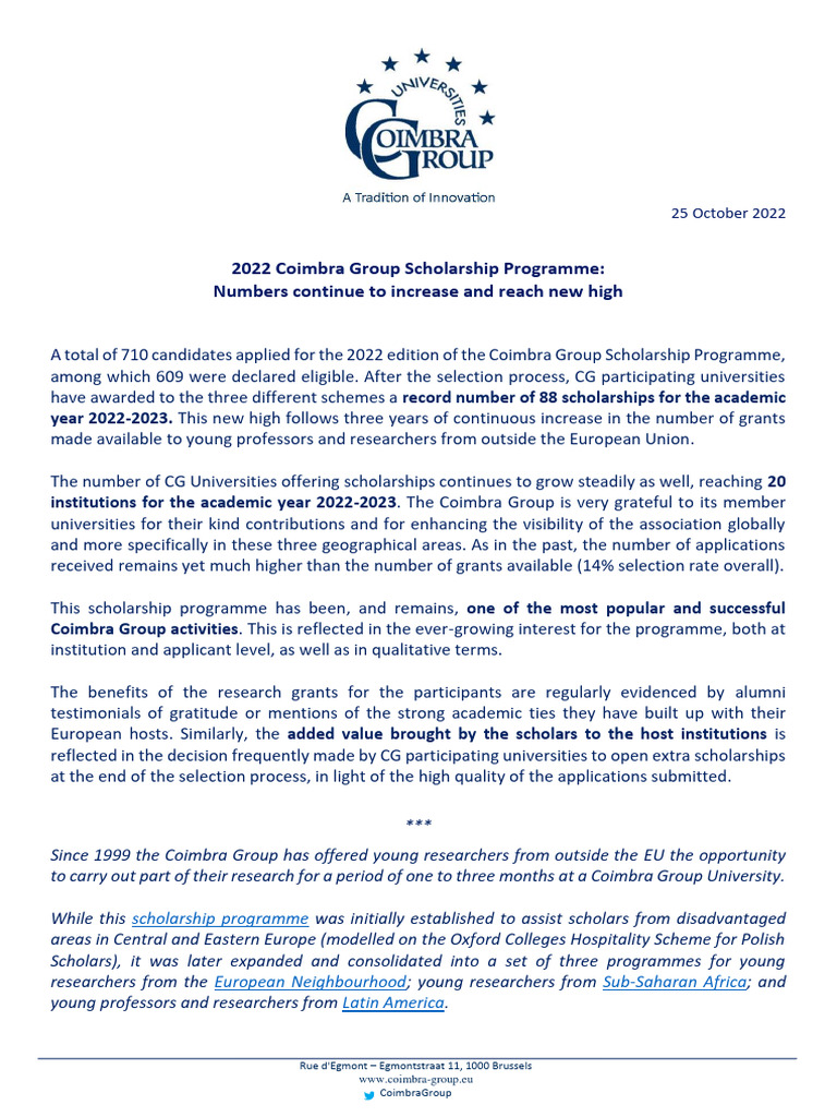 Coimbra Group Scholarship 2022 Insights | PDF | University | European Union