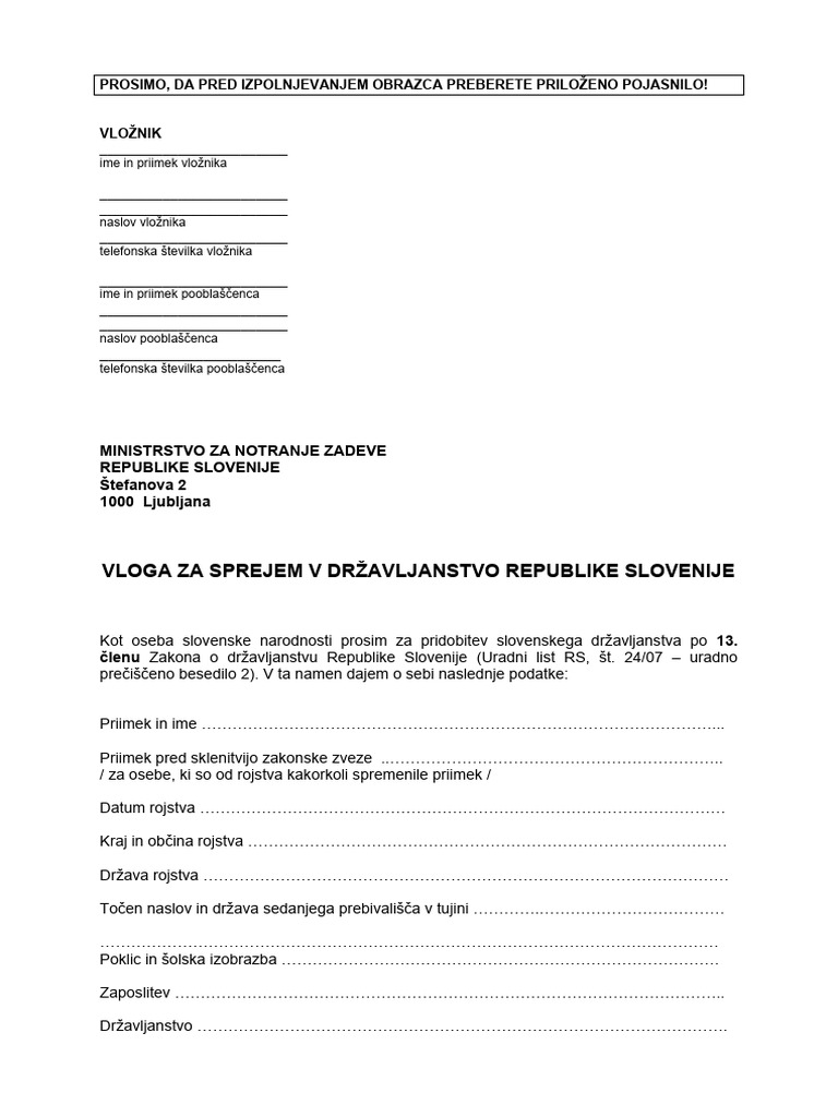Vloga Za Sprejem V Drzavljanstvo 13.clen | PDF