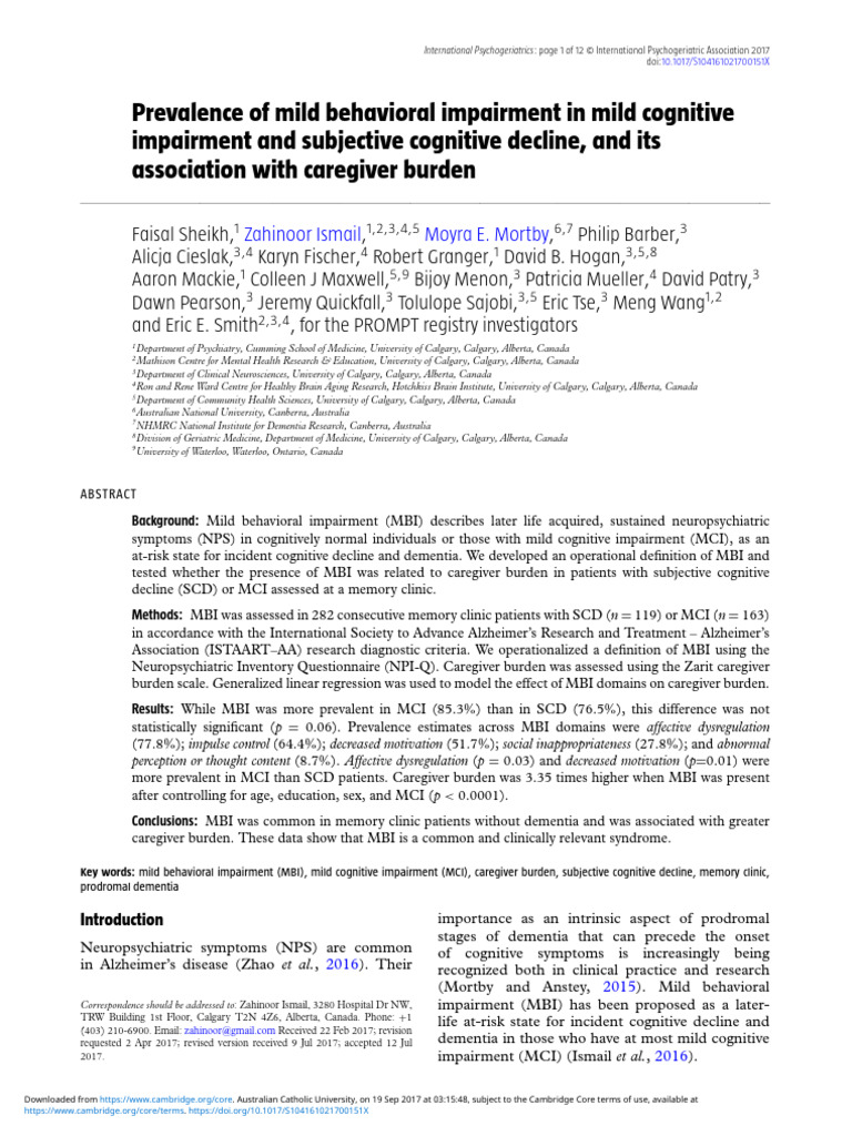 Prevalence of Mild Behavioral Impairment in Mild Cognitive Impairment ...