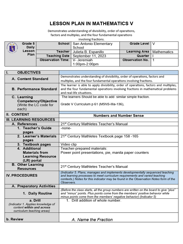 Cot 3 Lesson Plan in Mathematics Juliet 2 1 | PDF | Learning | Teachers