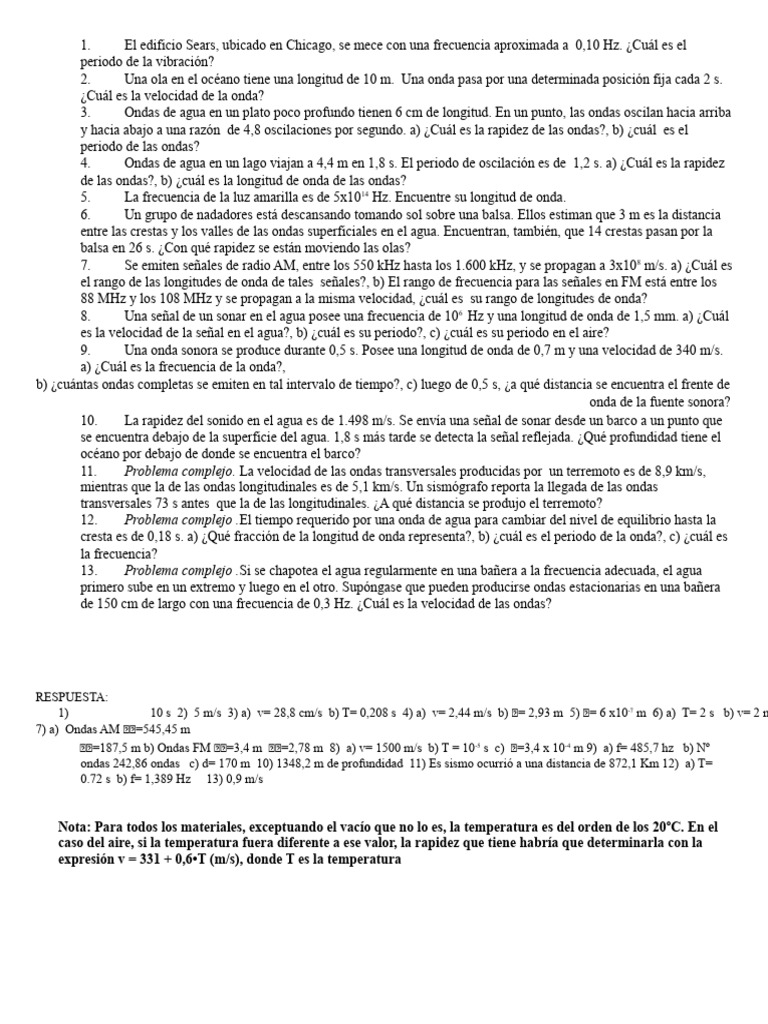 Taller Repaso Ondas Sonido Velocidad Frecuencia Periodo | PDF | Olas | Sonido