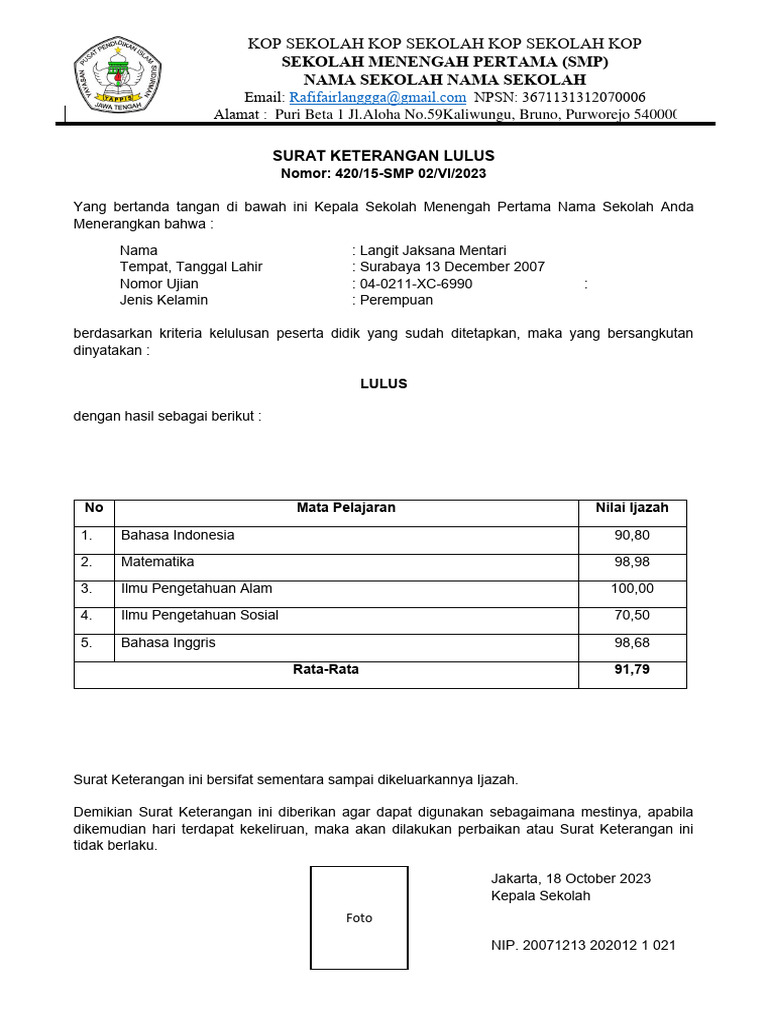 Surat Keterangan Lulus SMP 2023 | PDF
