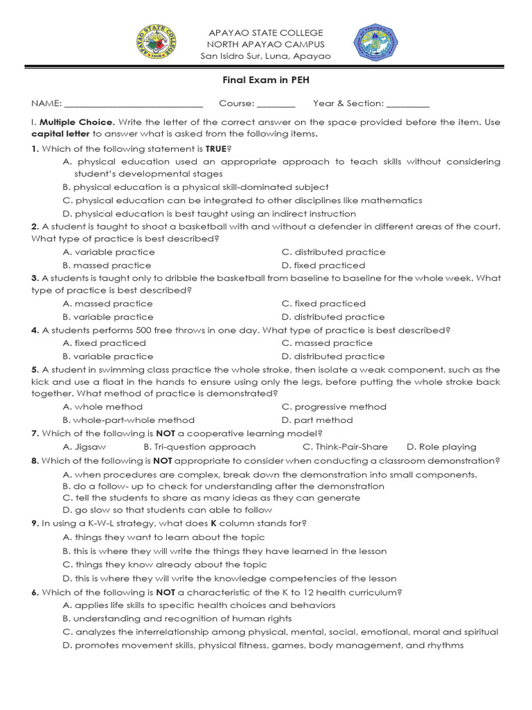 PEH Final Exam 2020 | PDF | Educational Assessment | Human Communication PEH Final Exam 2020 | PDF | Educational Assessment | Human Communication