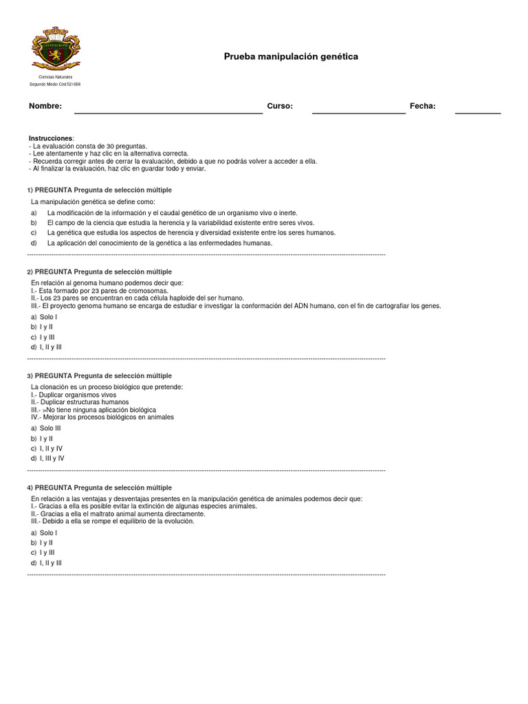 Prueba III Medio | PDF | Clonación | Ingeniería genética