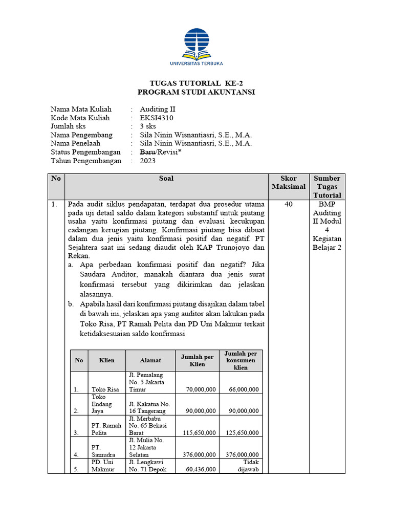 Soal Tugas 2 - Auditing II - RIFKA RAHMAYUNI - 048733853 | PDF