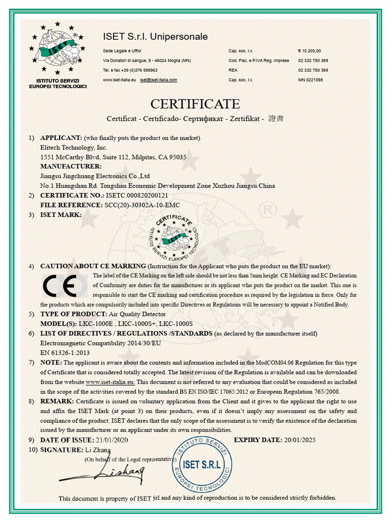 Temtop ISETC.00082020012 LKC-1000S EMC CE Certificate | PDF | Regulation
