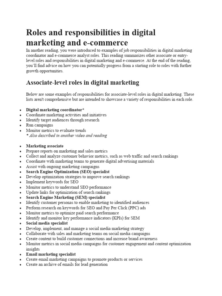 Roles and Responsibilities in Digital Marketing and e | PDF | Digital ...