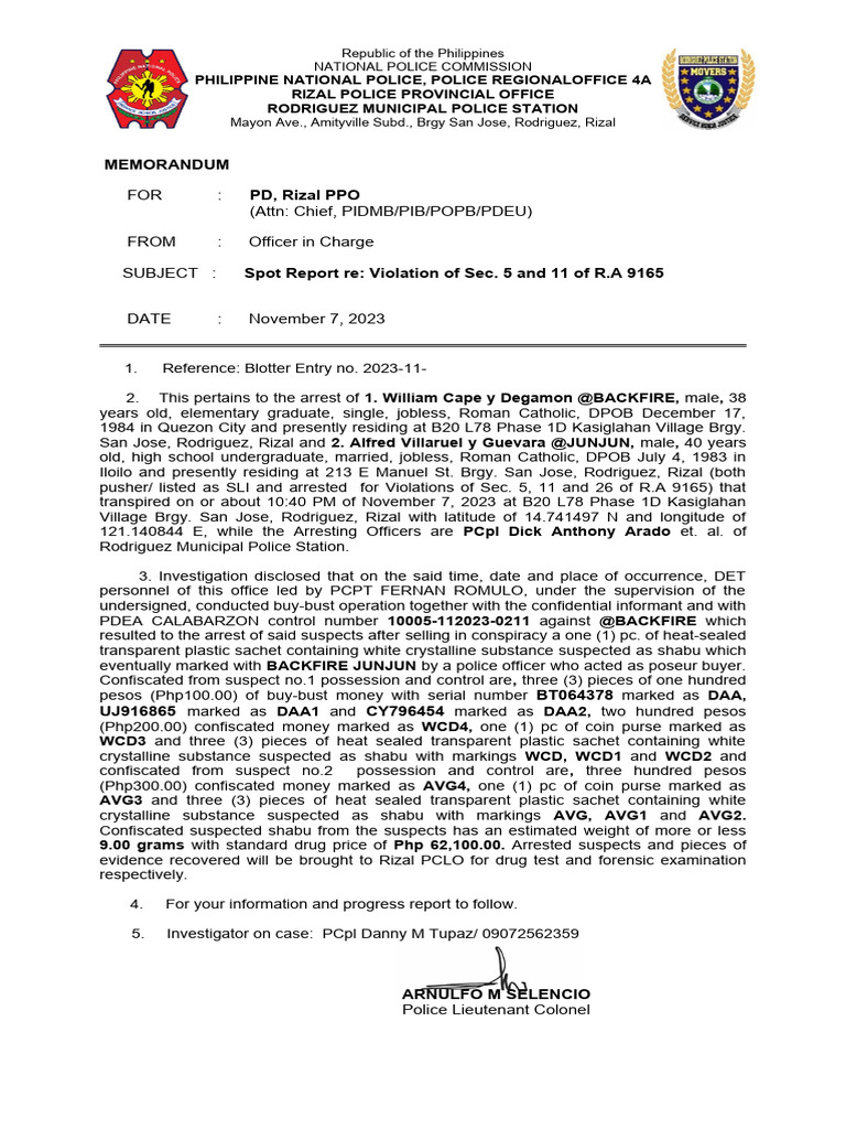 November 7 2023 Spot Report Re Violation of Sec. 5 and 11 of R.A 9165 | PDF | Currency | Philippines