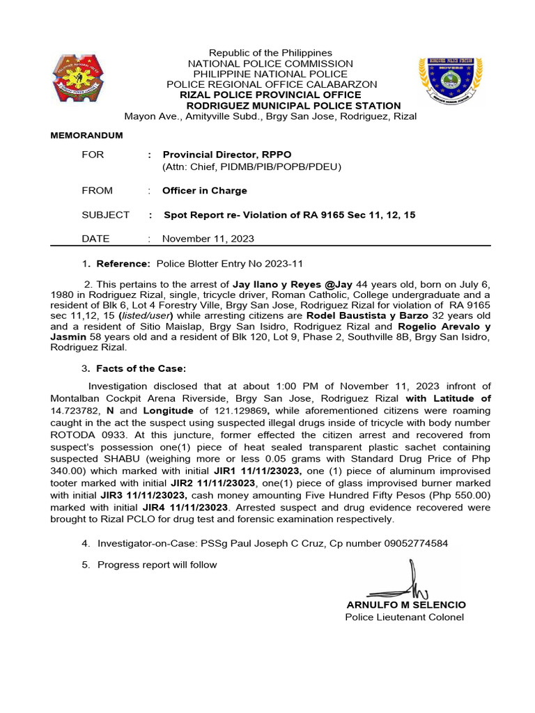 November 11 2023 Spot Report Re Violation of RA 9165 Sec 11 12 15 | PDF | Law Enforcement ...