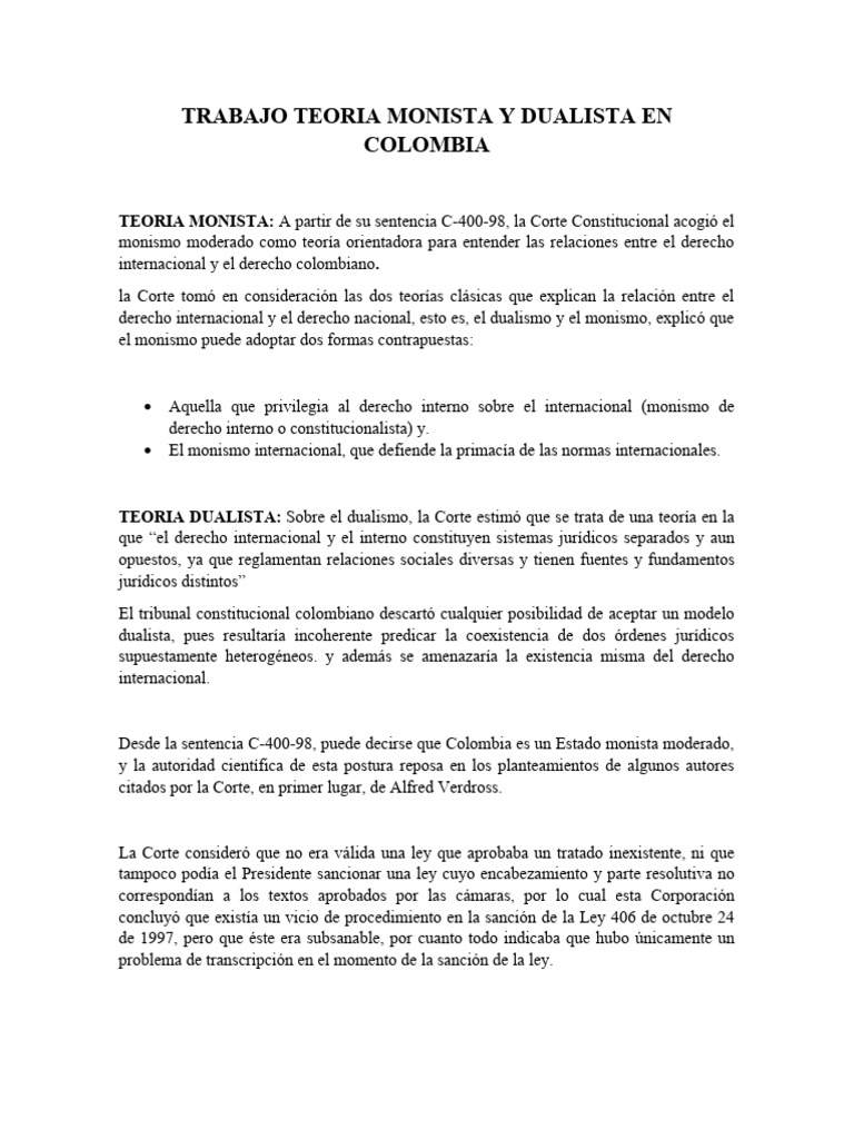 Trabajo Teoria Monista y Dualista en Colombia | PDF | Monismo ...