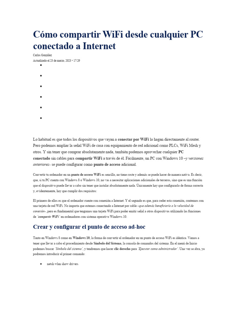 Cómo compartir WiFi desde cualquier PC conectado a Interne1 | PDF | Punto de acceso inalámbrico ...