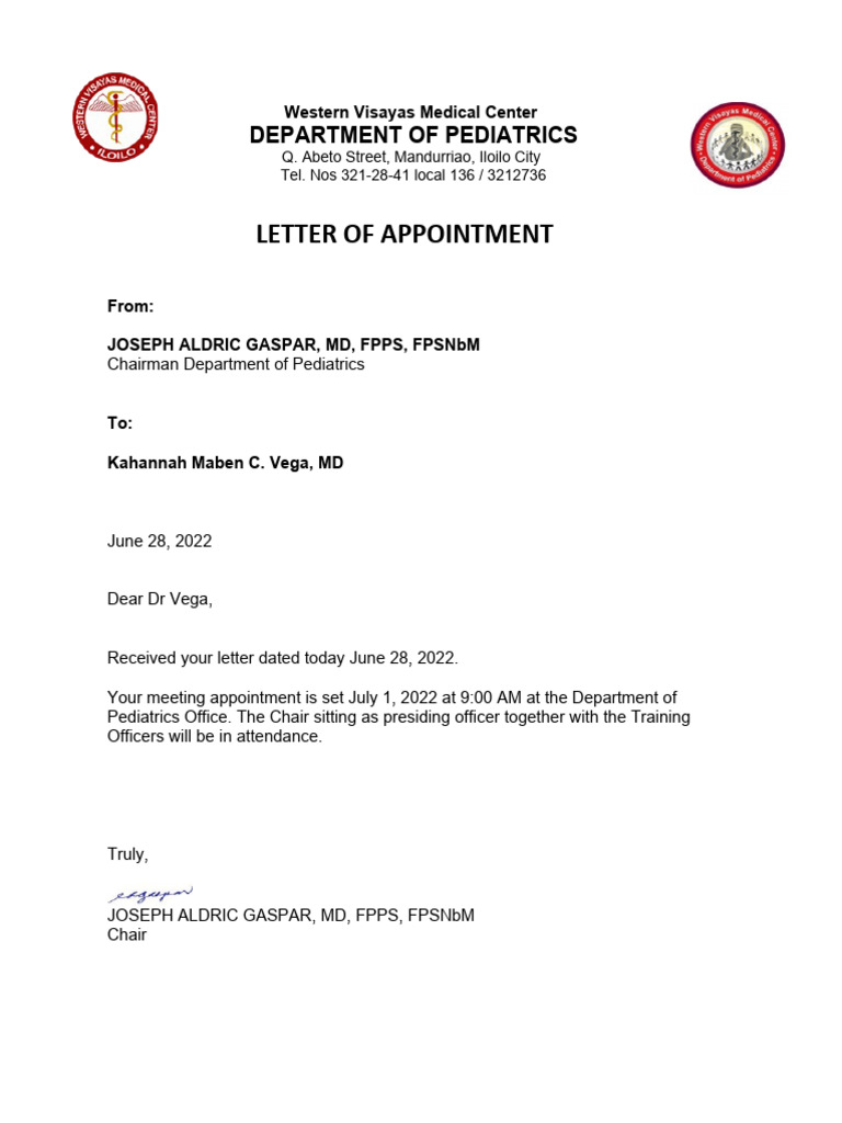 Appointment Letter for Dr. Vega | PDF