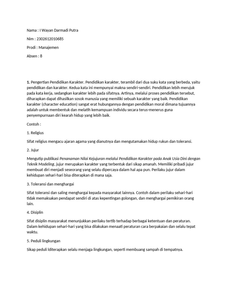 UTS Pendidikan Karakter (I Wayan Darmadi Putra, 08) | PDF | Ilmu Sosial