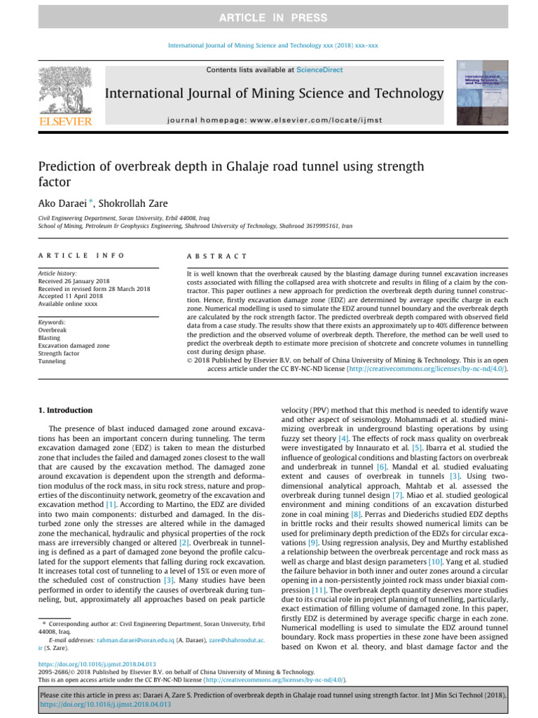 Prediction of Overbreak Depth in Ghalaje Road Tunnel Using Strength ... Prediction of Overbreak Depth in Ghalaje Road Tunnel Using Strength ...