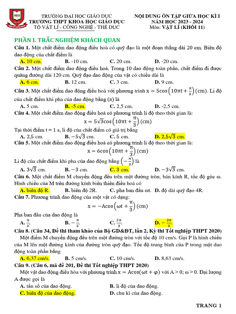 Vật lí 11 Đề cương giữa HK1 23 24 11D5 | PDF