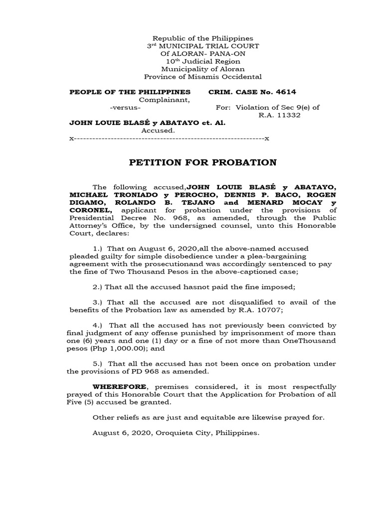 Application For Probation JOHN LOUIE BLASE | PDF | Probation | Plea Bargain