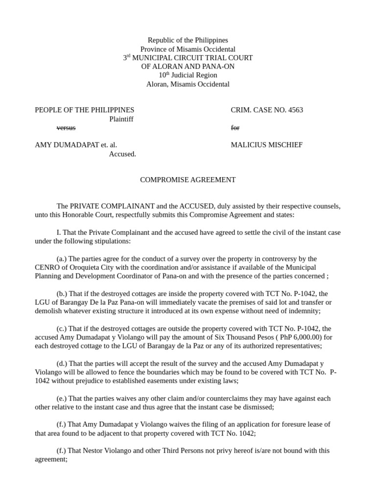 Compromise Agreement Dumadapat Final | PDF | Judiciaries | Public Law