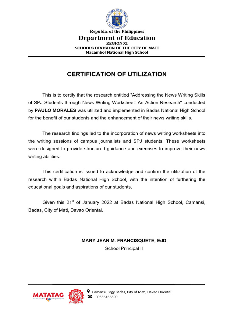 Certification Of Utilization Pdf Lesson Plan Learning