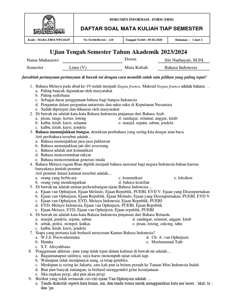 Soal UTS B INDO SEMESTER V 2023-2024 | PDF