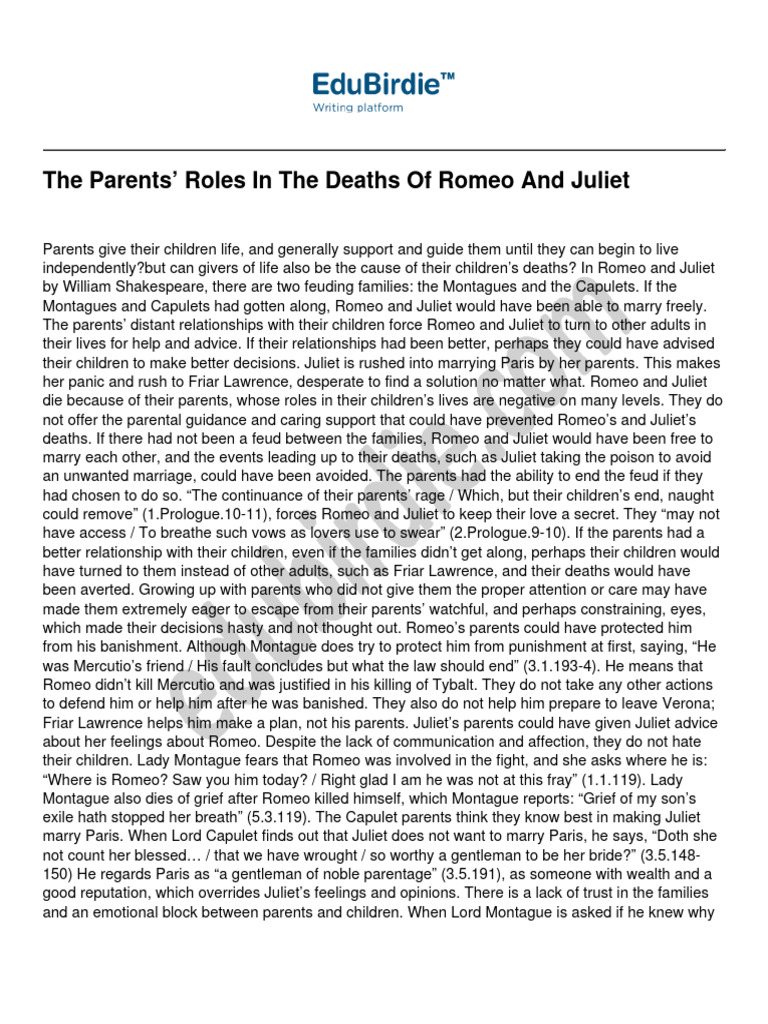 The Parents' Roles in The Deaths of Romeo and Juliet | PDF | Characters ...
