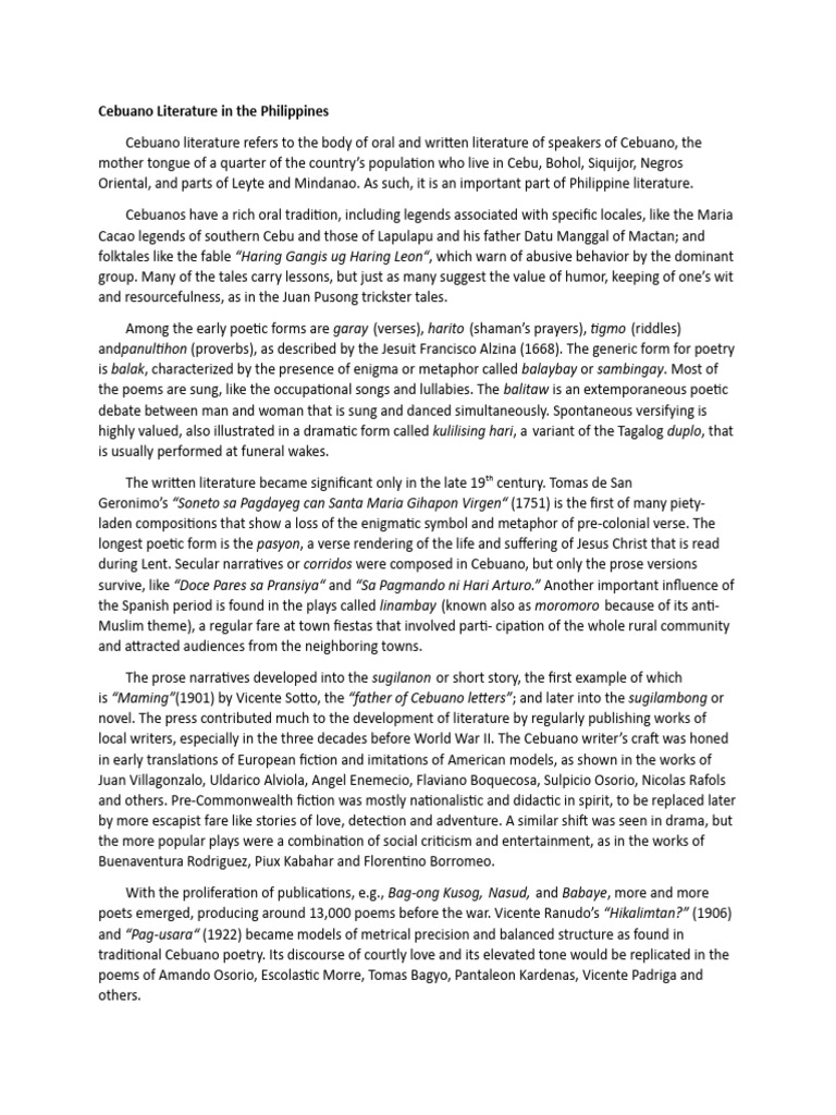Cebuano Literature in The Philippines | PDF | Poetry