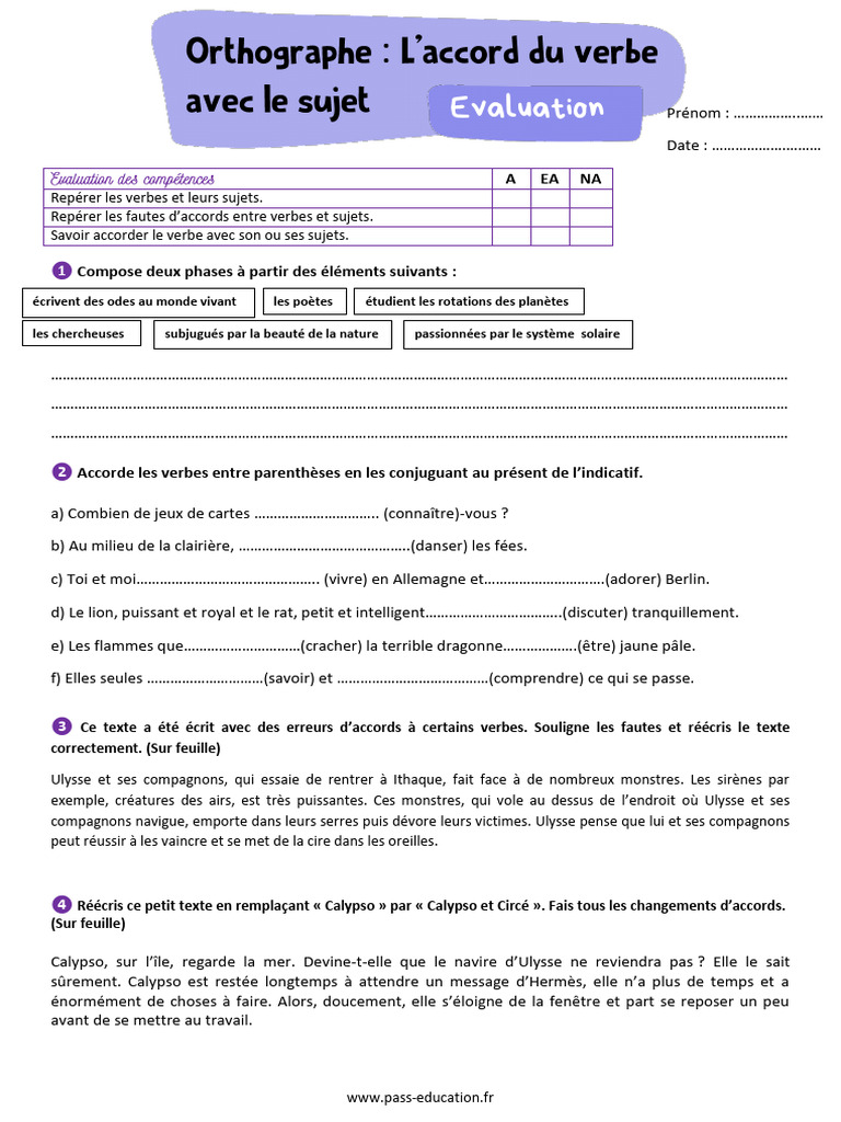 Évaluation Accord Sujet-Verbe 6ème | PDF | Ulysse