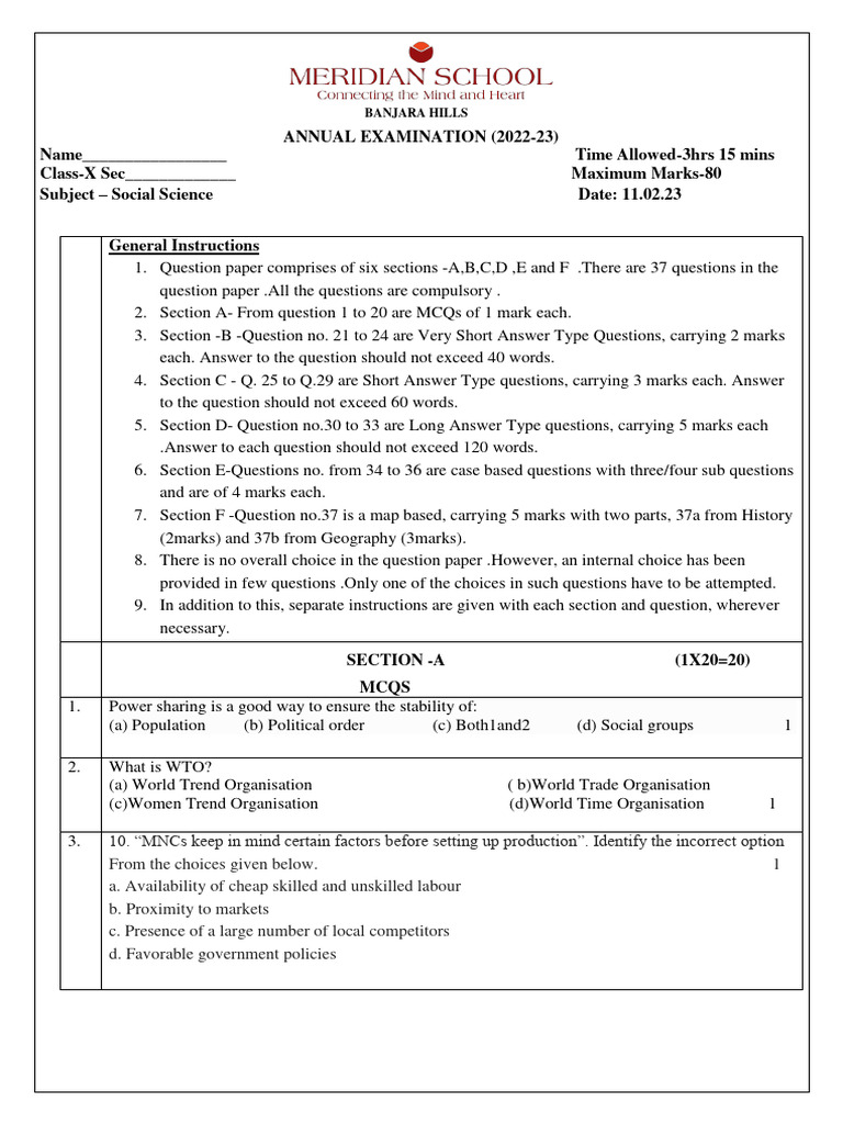 SOCIAL SCIENCE - Practice paper | PDF