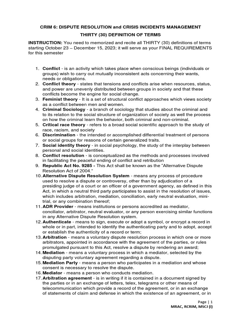 Crim 6 Thirty Definition of Terms To Be Recite | PDF | Mediation ...