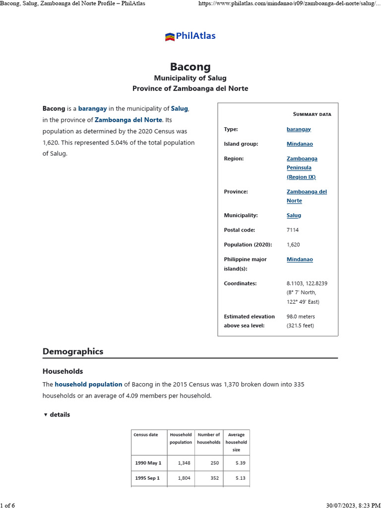Bacong, Salug, Zamboanga Del Norte Profile - PhilAtlas | PDF