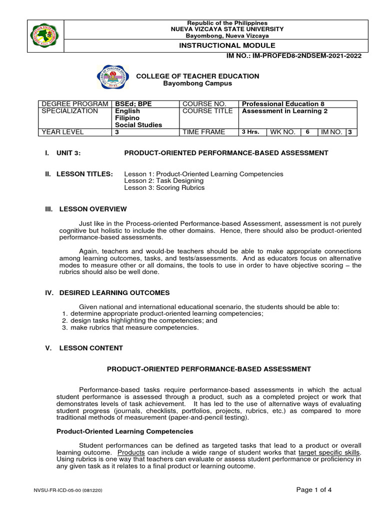 AL2-Module3-Product-oriented-Performance-based Assessment | PDF | Rubric (Academic ...