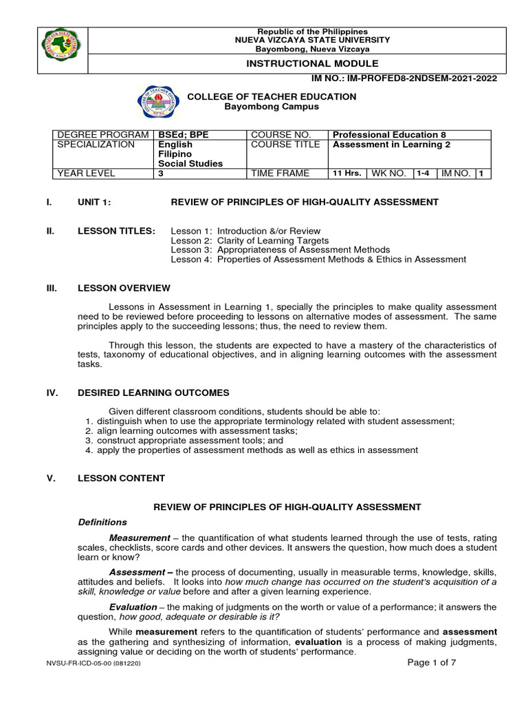 AL2-Module1-Review of Principles of Assessment | PDF | Educational Assessment | Validity ...