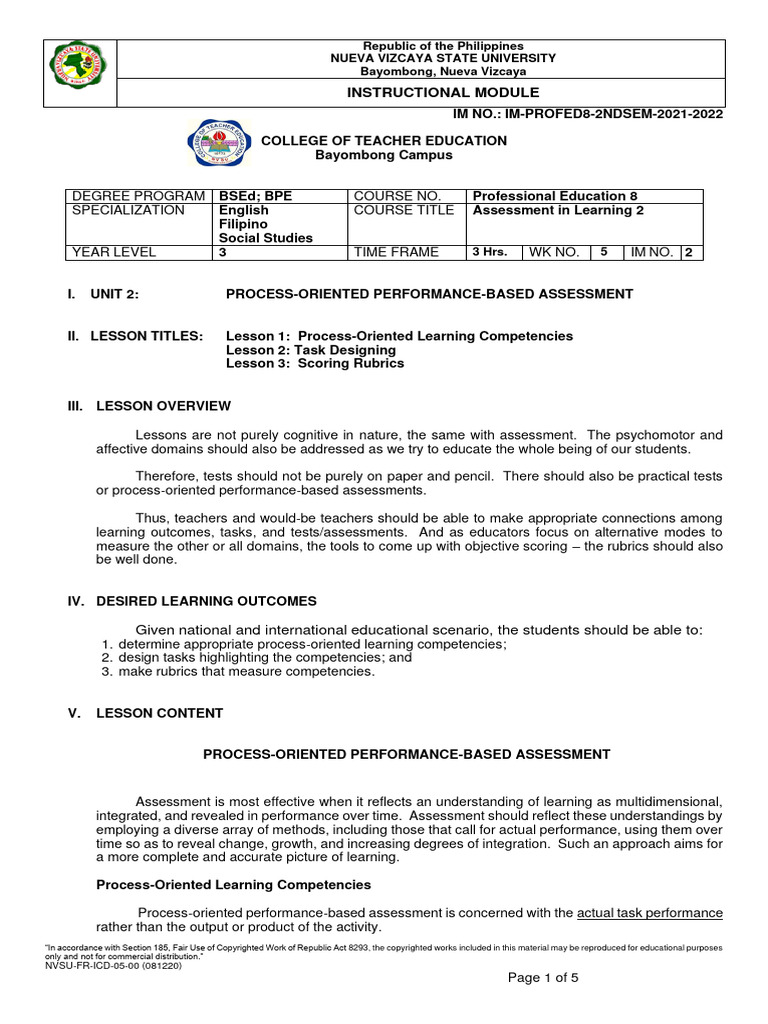 AL2-Module2-Process-Oriented-Performance-Based Assessment | Download Free PDF | Rubric (Academic ...