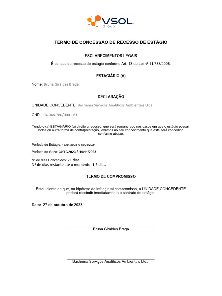 Modelo Termo de Concessao de Recesso de Estagio - Vsol | PDF