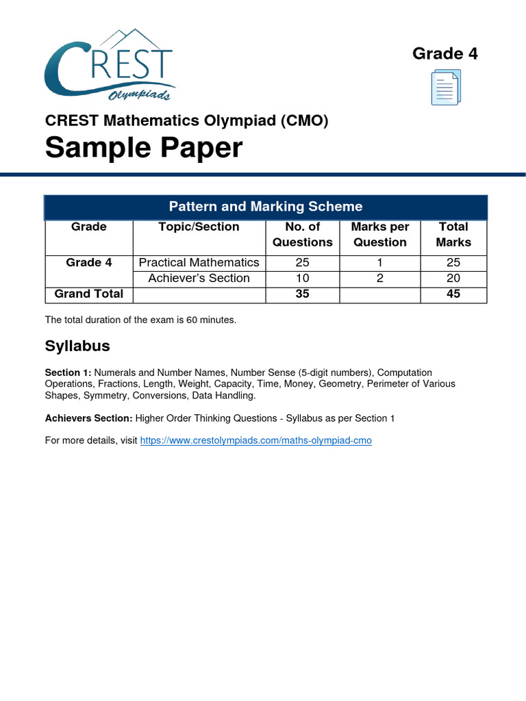 CMO Sample Paper For Class 4 | PDF | Mathematics