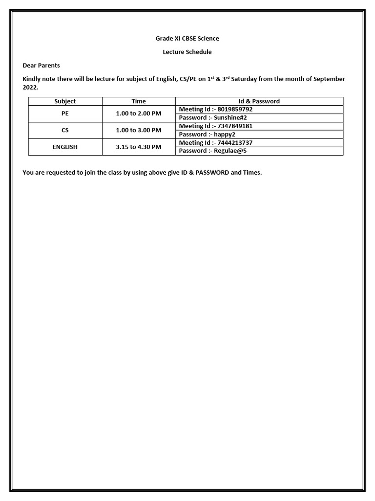 Grade XI CBSE Lecture Schedule | PDF