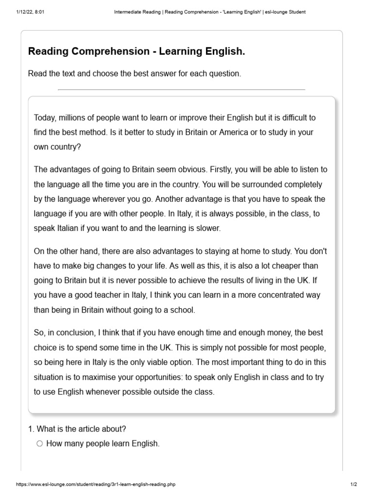 Reading Comprehension - 'Learning English' - Esl-Lounge Student | PDF ...