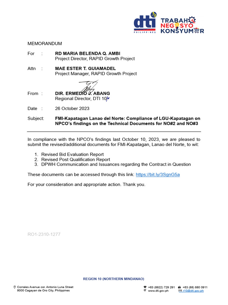 DTI 10 Memo To NPCO LGU Kapatagan Response To NPCO Findings 26 Oct 2023 ...