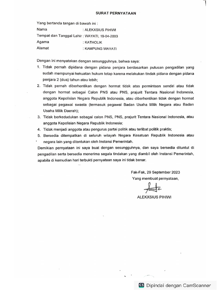 Surat Pernyataan PNS Alex | PDF