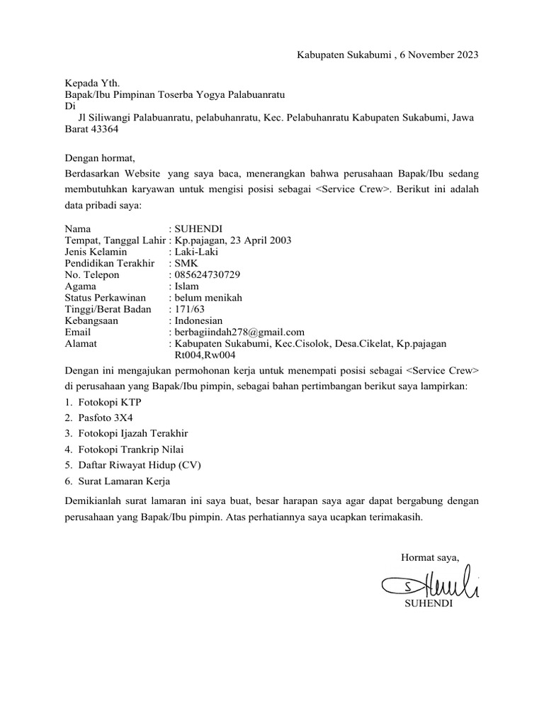 Lamaran Kerja Service Crew Sukabumi | PDF