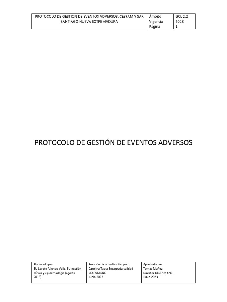 PROTOCOLO DE GESTIÓN DE EVENTOS ADVERSOS | PDF | Seguridad del paciente | Infección