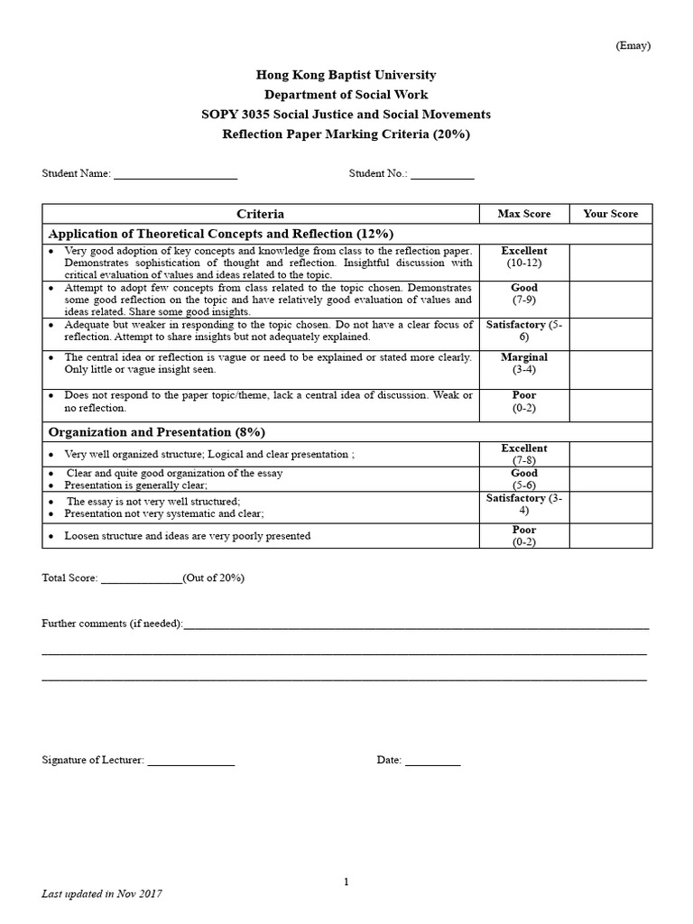 Social Justice Reflection Paper Criteria | PDF | Essays | Cognition