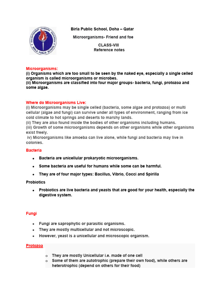 Class 8 Ref - Notes Microorganisms | PDF | Microorganism | Food ...