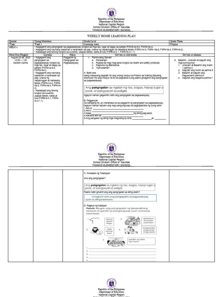 Weekly-Learning-Plan-Week 1-Filipino-Carlyn | PDF
