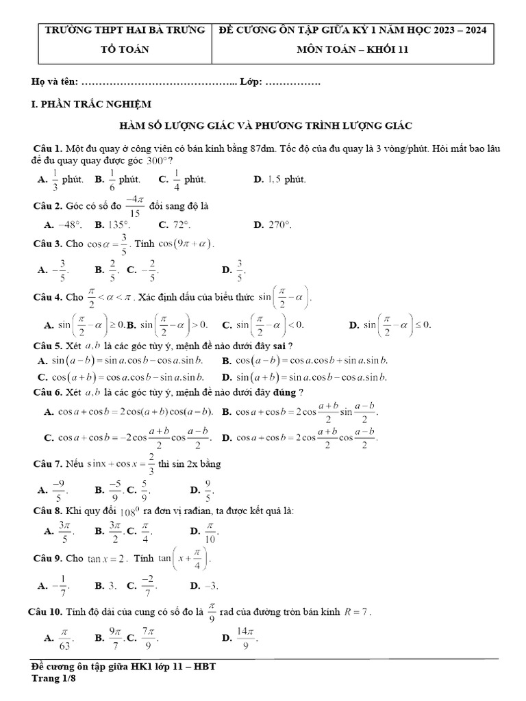 Đề Cương 11 GK1 22.23 - HBT - HS - KM | PDF