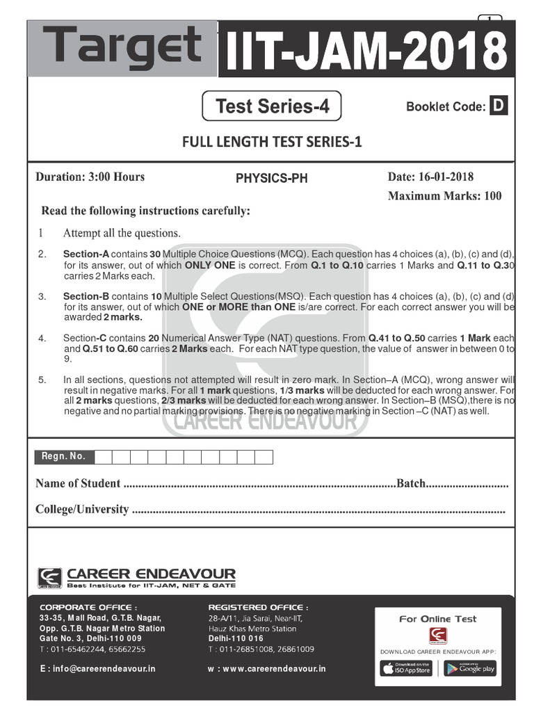 JAM Test Series 4 of Career Endeavour | PDF | Waves | Electron