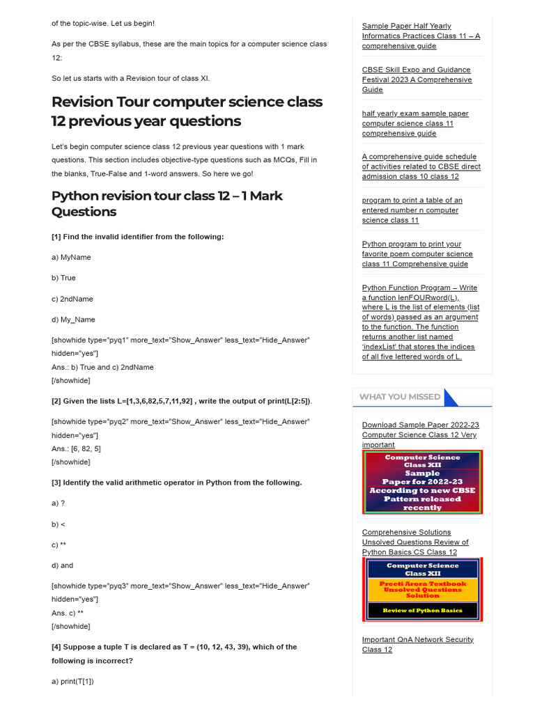 200 + Important CBSE Computer Science Class 12 Previous Year Questions | PDF | Parameter ...