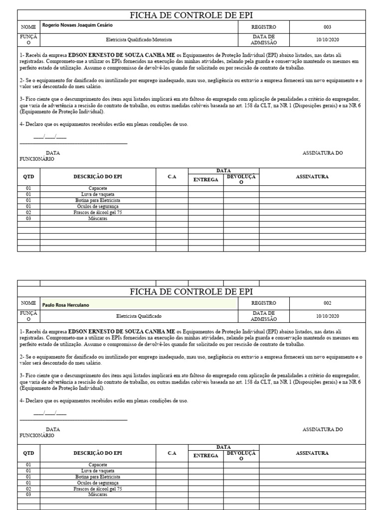 Ficha de Controle de EPI | PDF | Eletricista | Direito Comercial