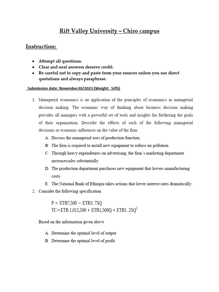 Managerial Economics 2015 Assignment | PDF | Economic Equilibrium | Profit (Economics)