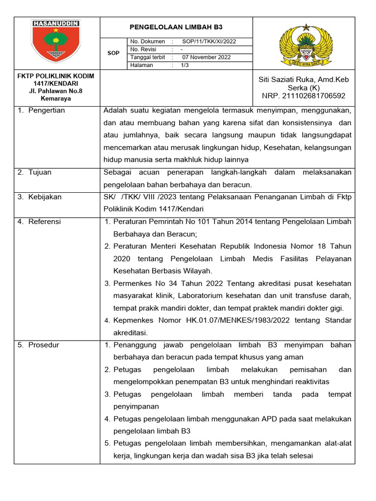 Sop Pengelolaan Limbah B3 | PDF